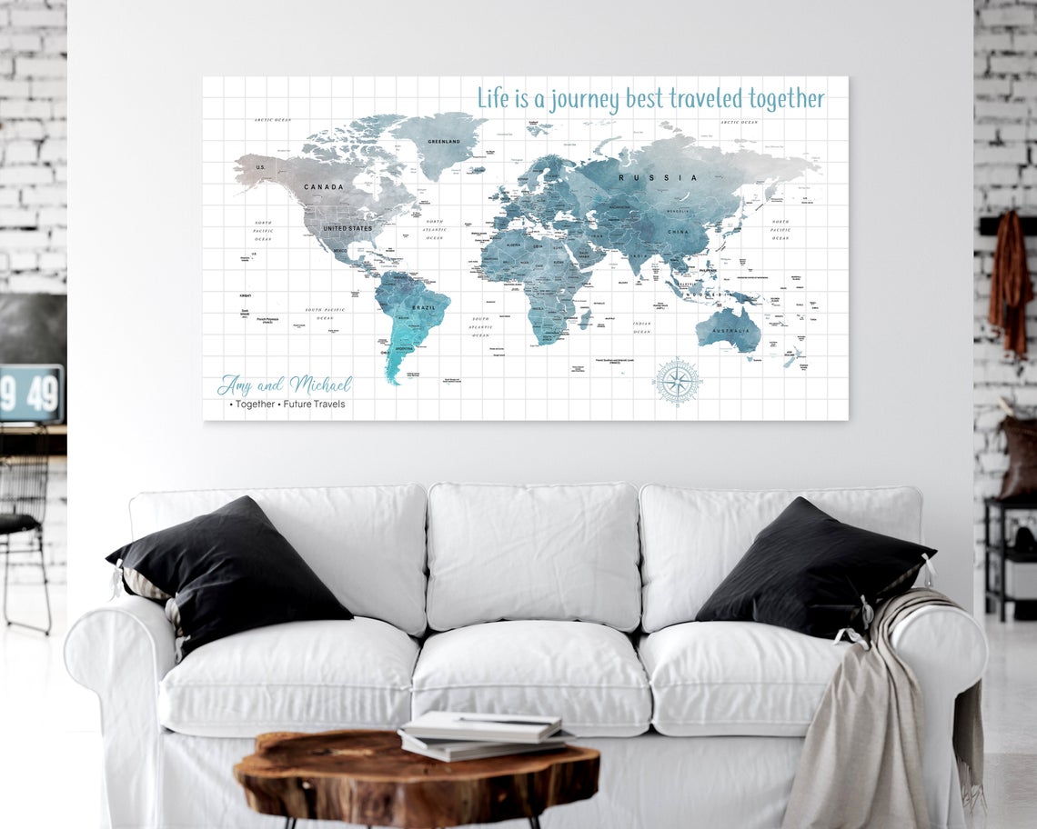 White Grid World Push Pin Travel Map – Push Pin Map Art